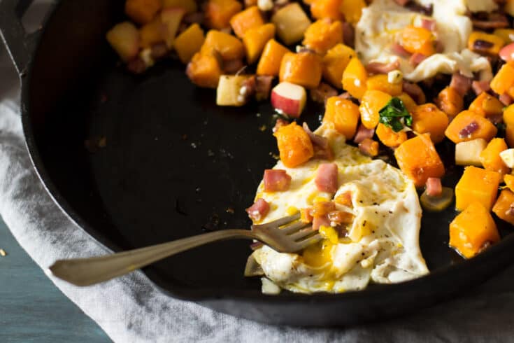 Easy Butternut Squash Hash with Apples, Ham and Goat Cheese
